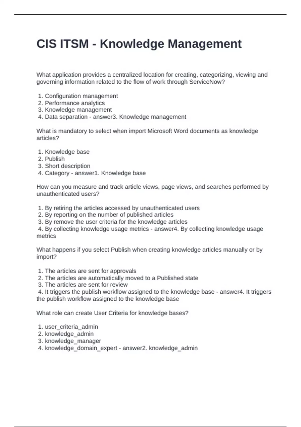 CIS ITSM - Knowledge Management Questions with Correct Answers ...
