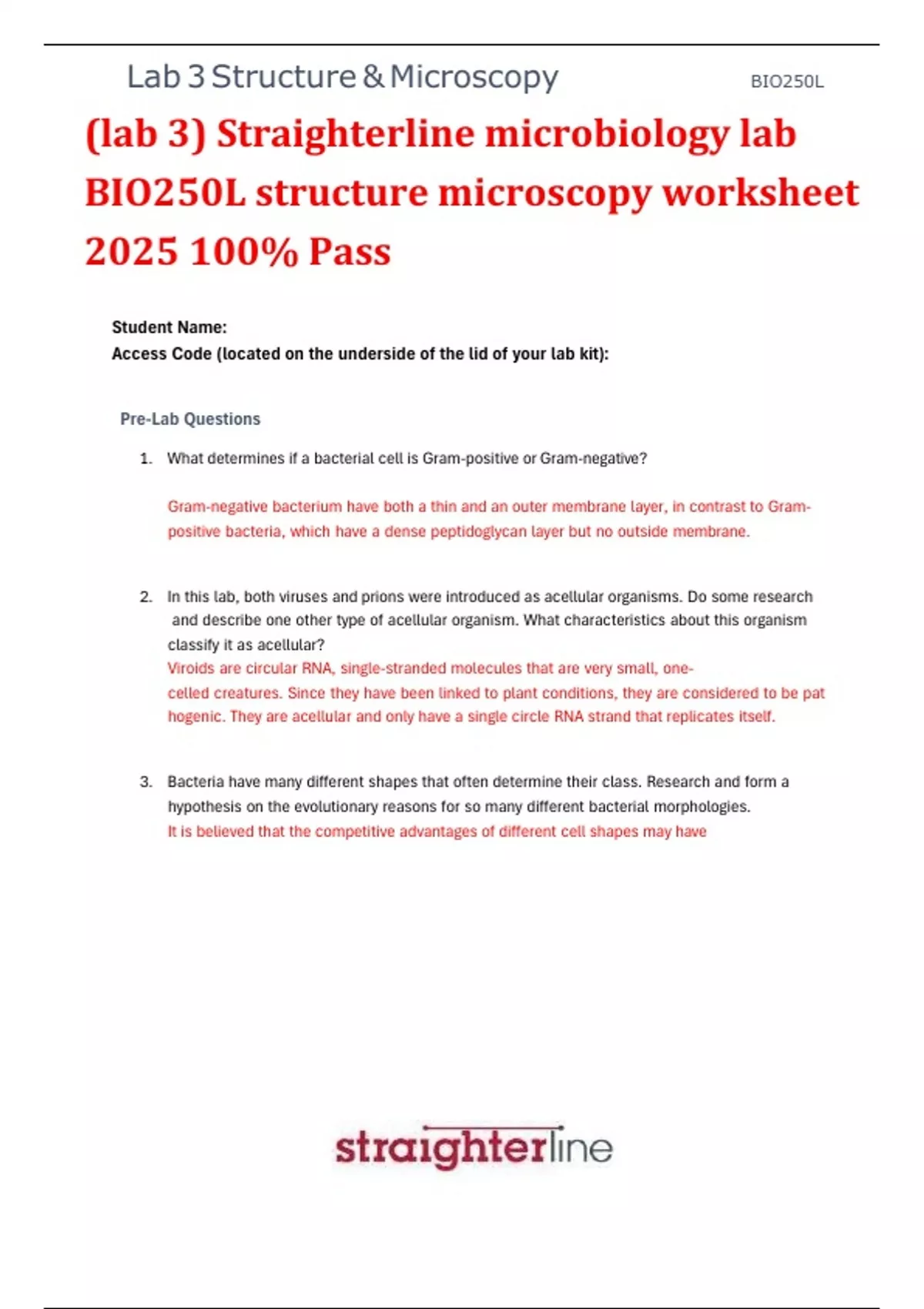 (lab 3) Straighterline microbiology lab BIO250L structure microscopy worksheet 2025 100% Pass ...