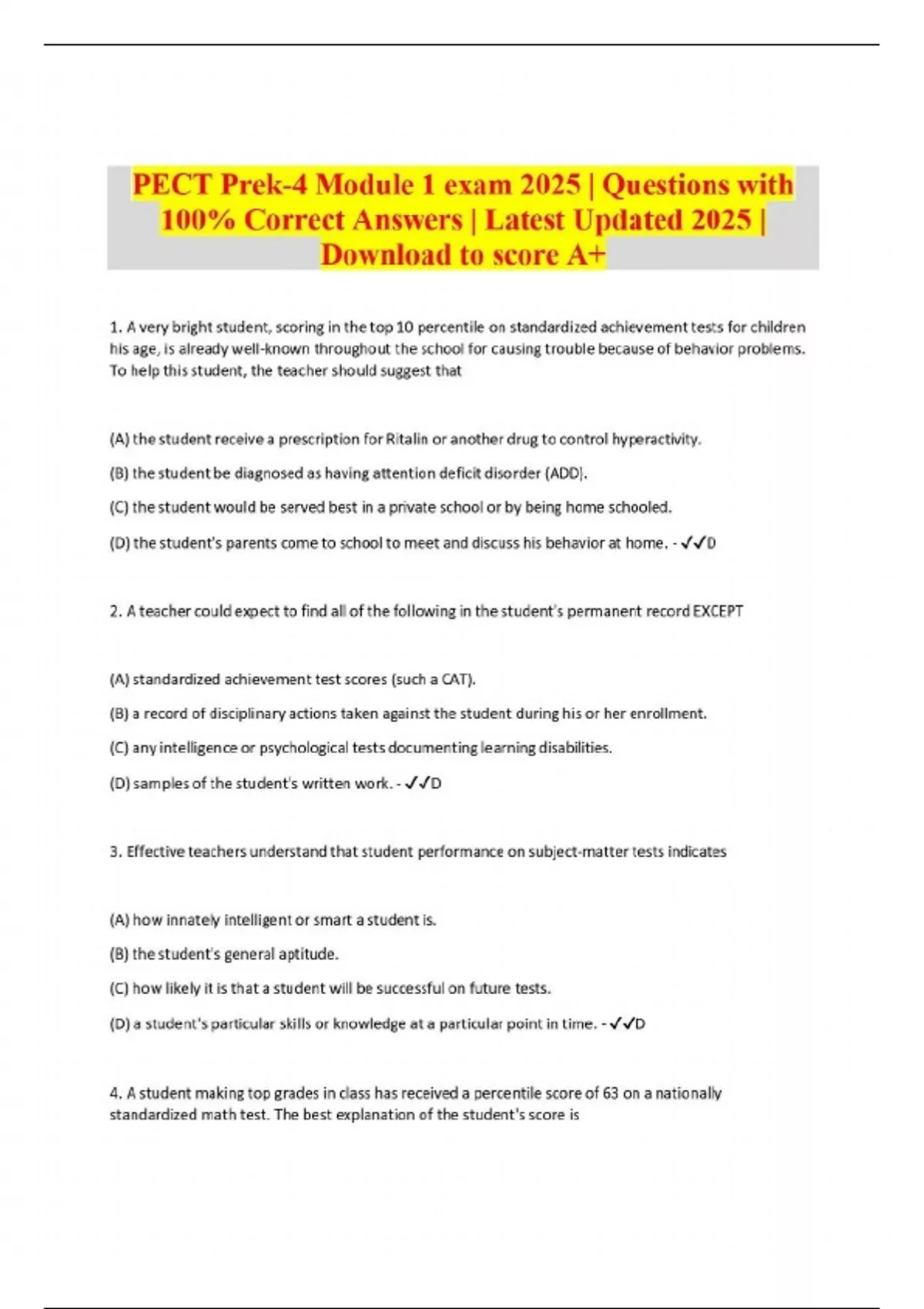 PECT Prek-4 Module 1 exam 2025 | Questions with 100% Correct Answers ...
