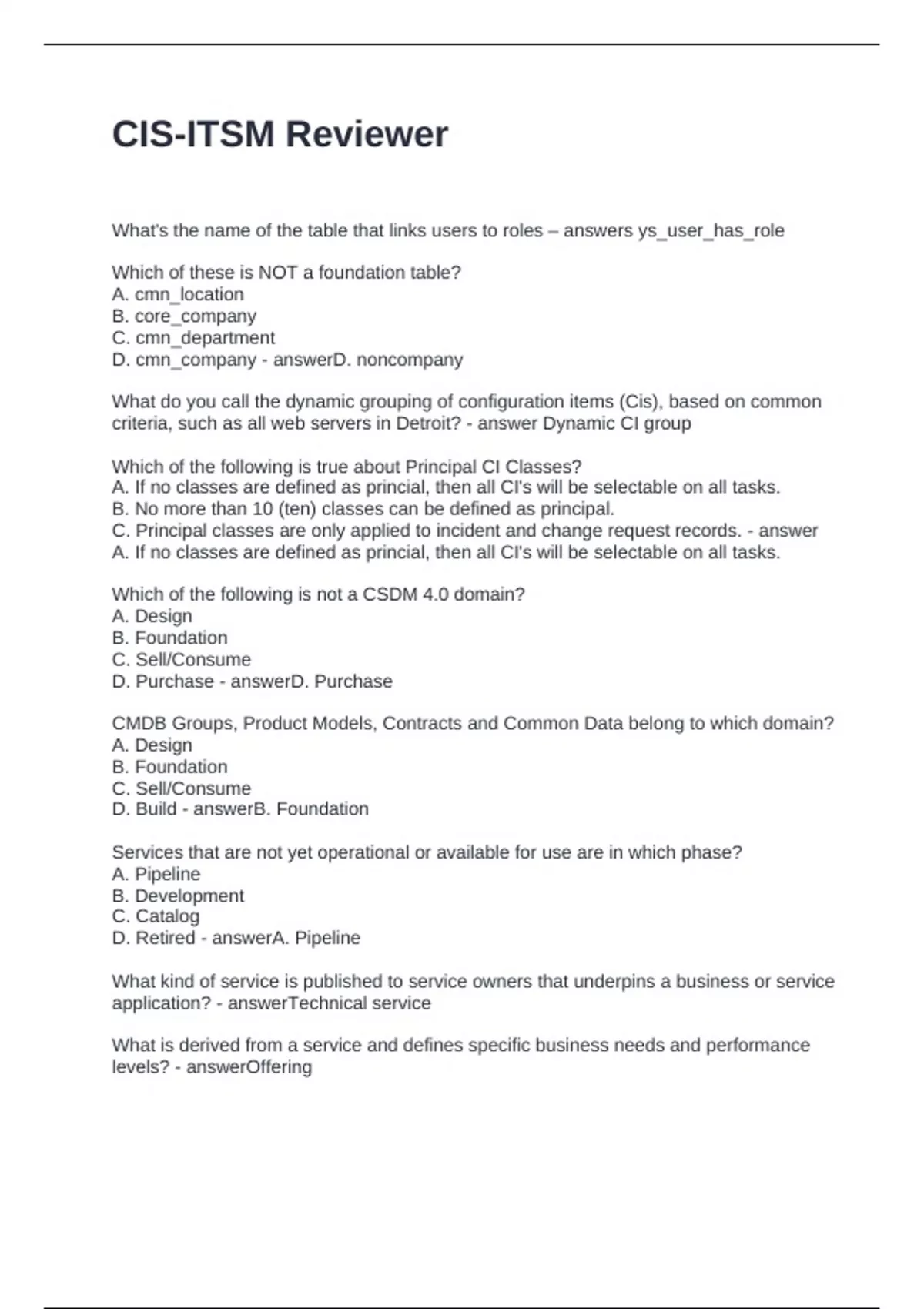 CIS-ITSM Reviewer Questions and Answers 100% Correct - ServiceNow CIS ...