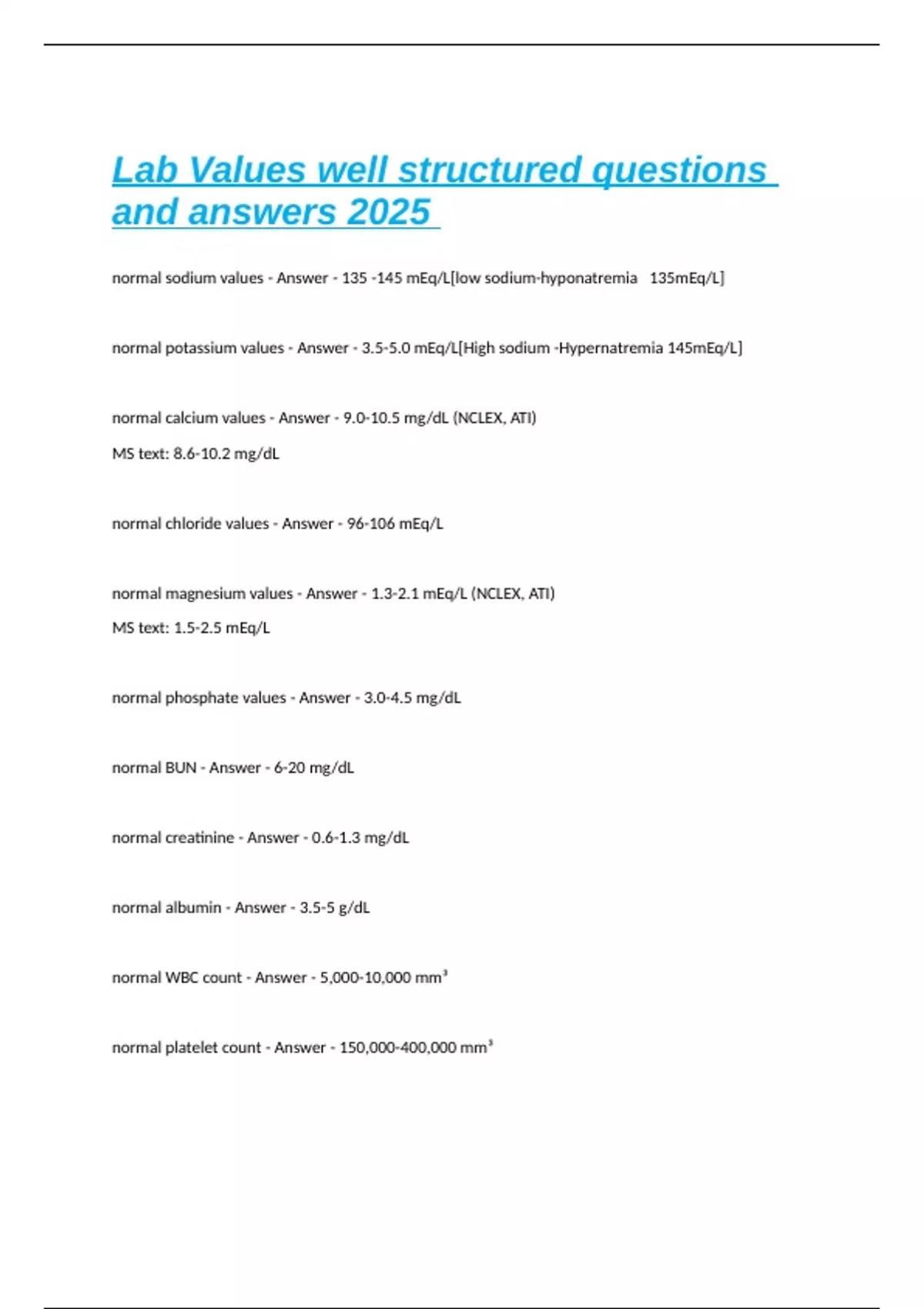 Lab Values well structured questions and answers 2025 - LAB VALUES ...