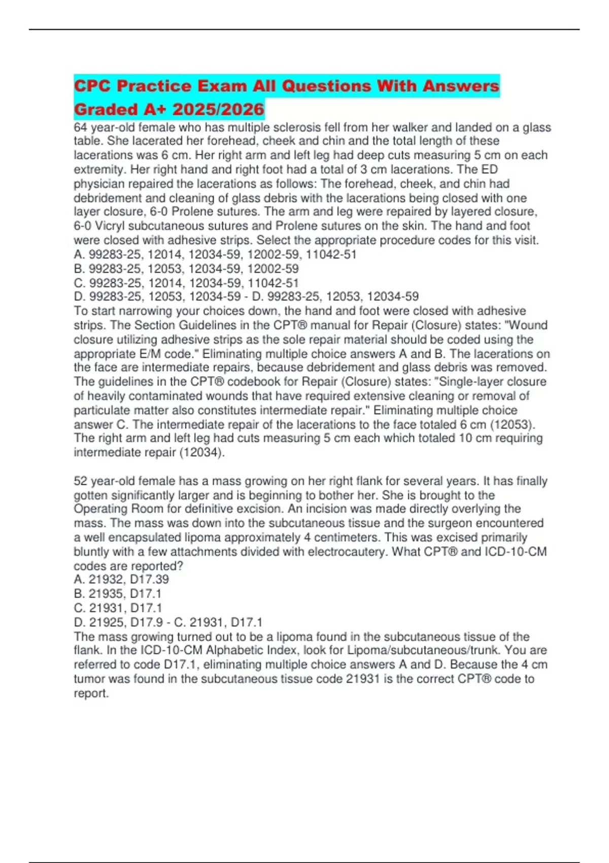 CPC Practice Exam All Questions With Answers Graded A+ 2025/2026 - CPC ...