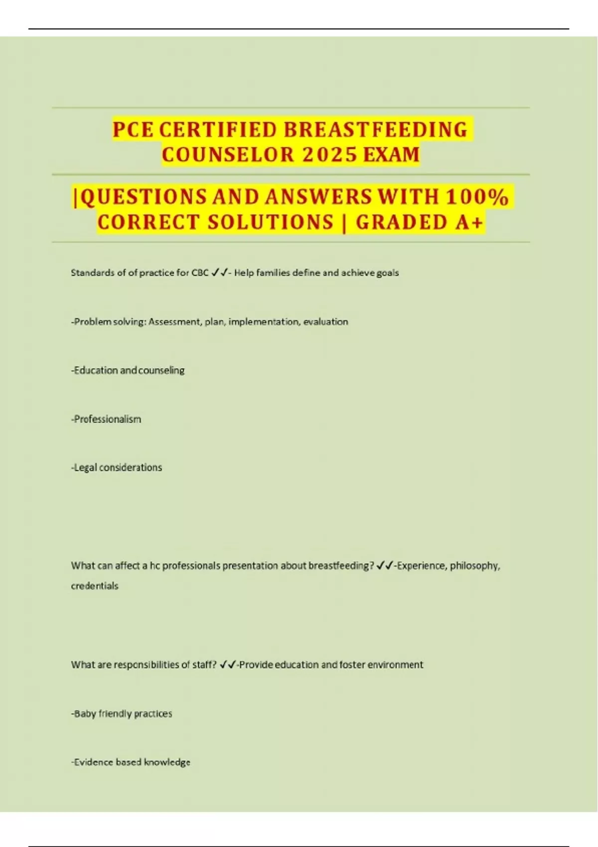 PCE CERTIFIED BREASTFEEDING COUNSELOR 2025 EXAM |QUESTIONS AND ANSWERS WITH 100% CORRECT ...