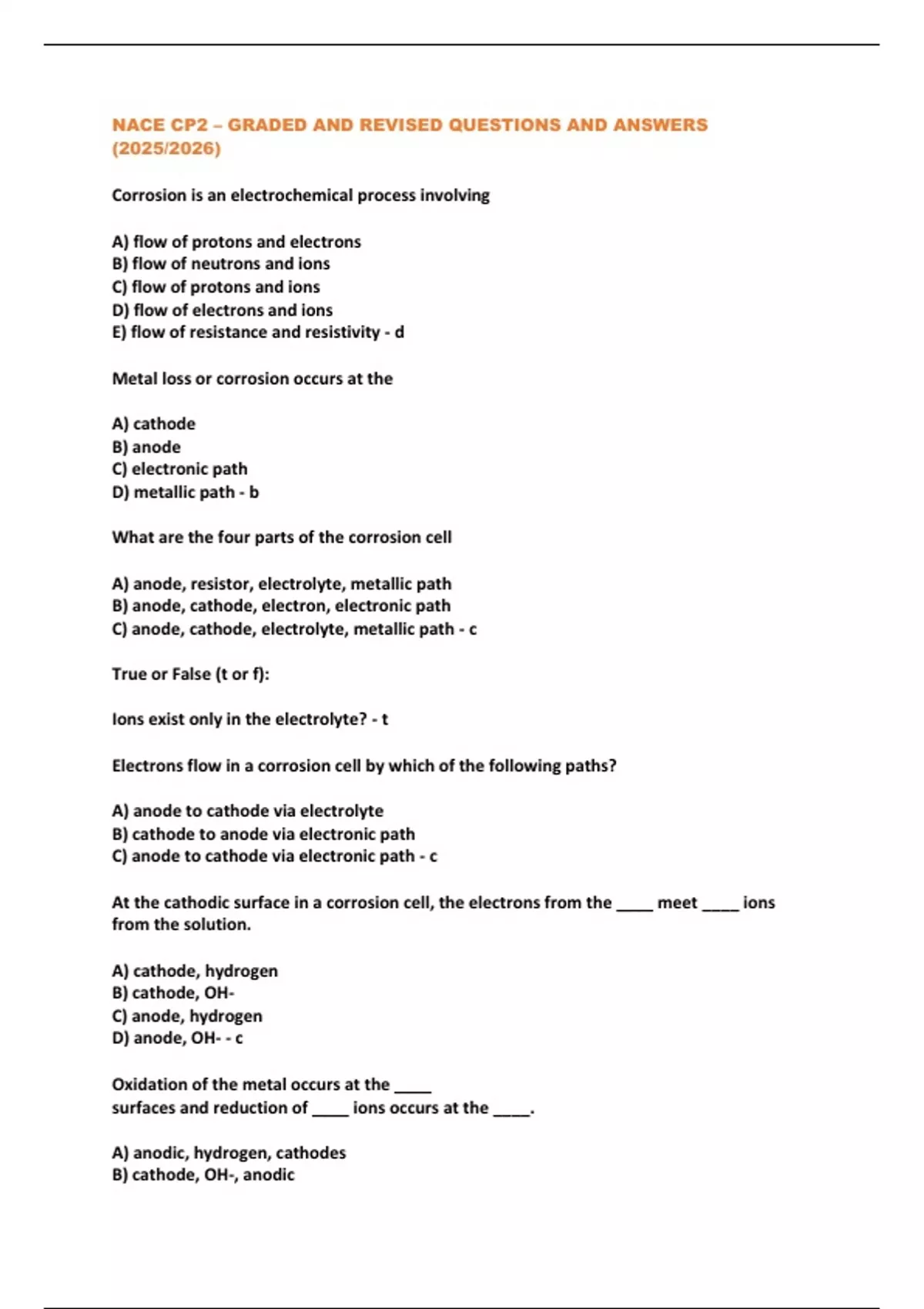 NACE CP2 – GRADED AND REVISED QUESTIONS AND ANSWERS (2025/2026) - NACE ...