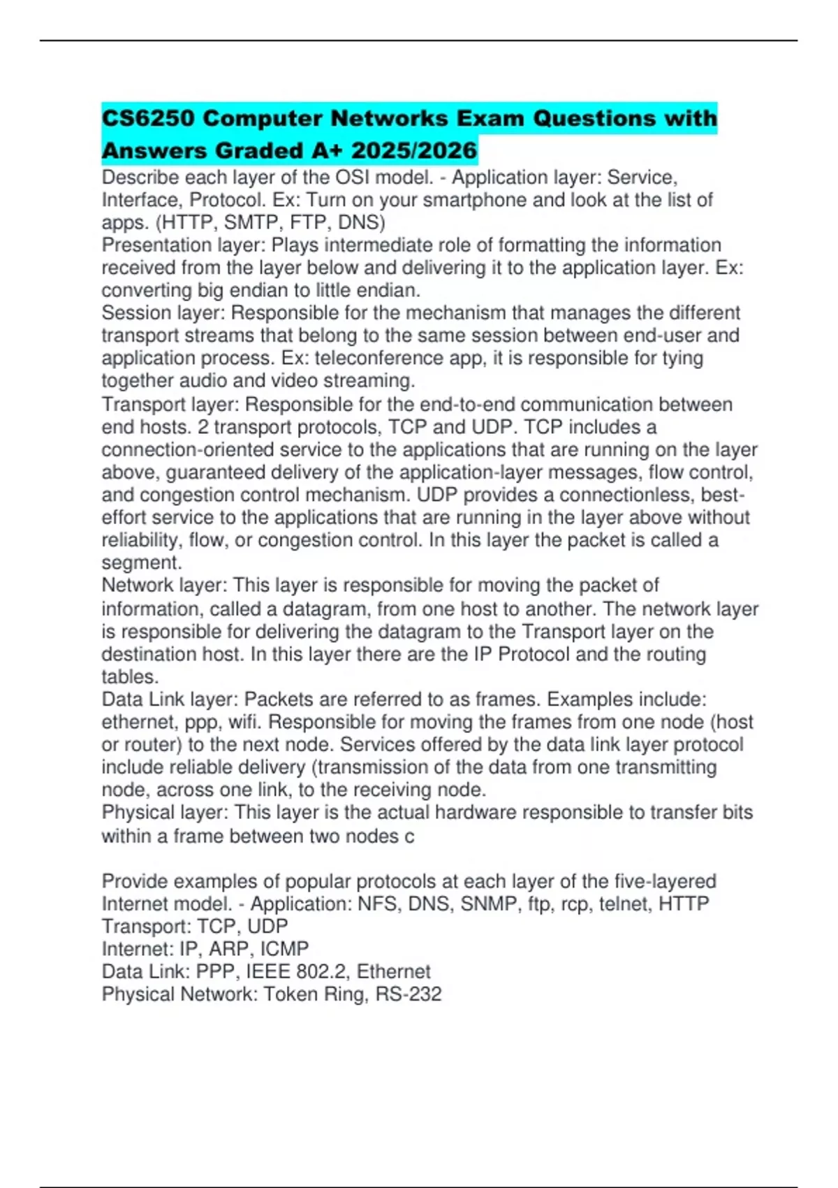 CS6250 Computer Networks Exam Questions with Answers Graded A+ 2025/2026 - CS6250 - Stuvia US