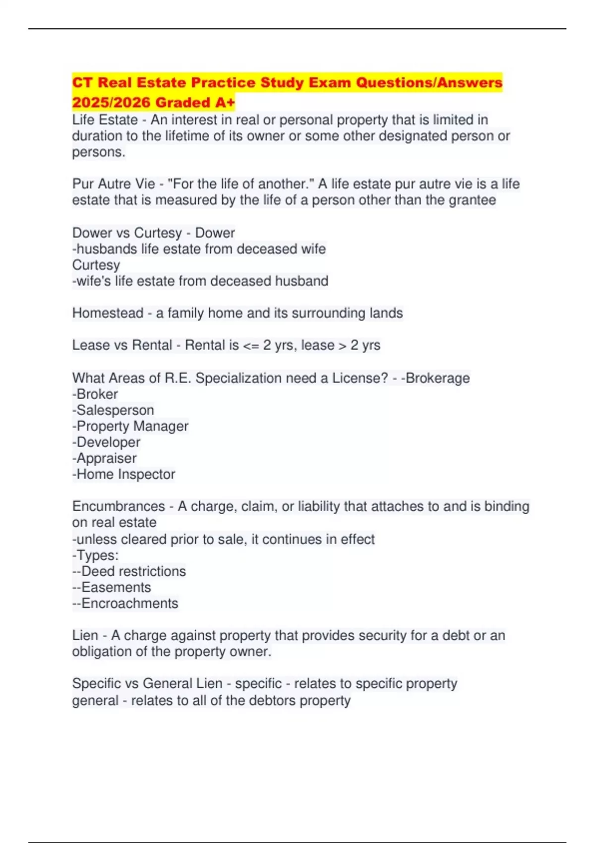 CT Real Estate Practice Study Exam Questions/Answers 2025/2026 Graded ...