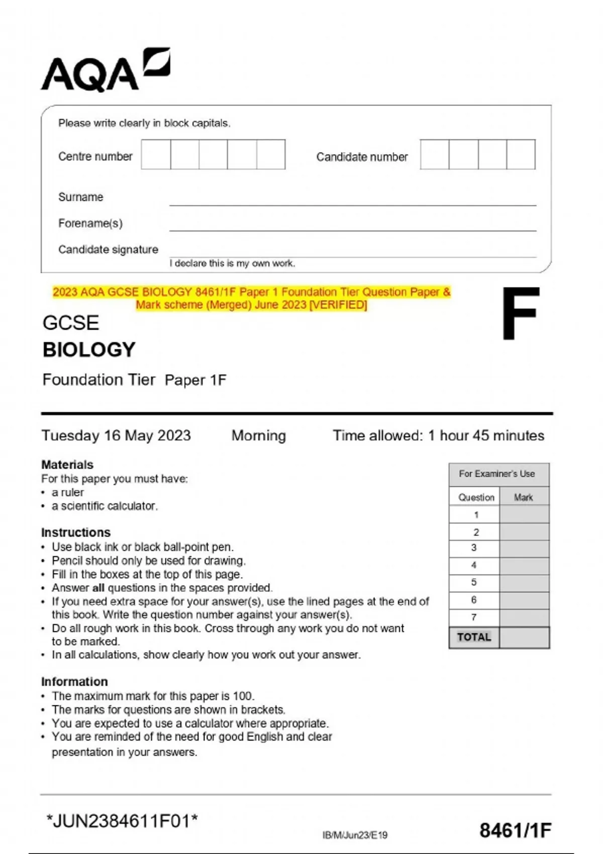 2023 AQA GCSE BIOLOGY 8461/1F Paper 1 Foundation Tier Question Paper & Mark scheme (Merged) June ...