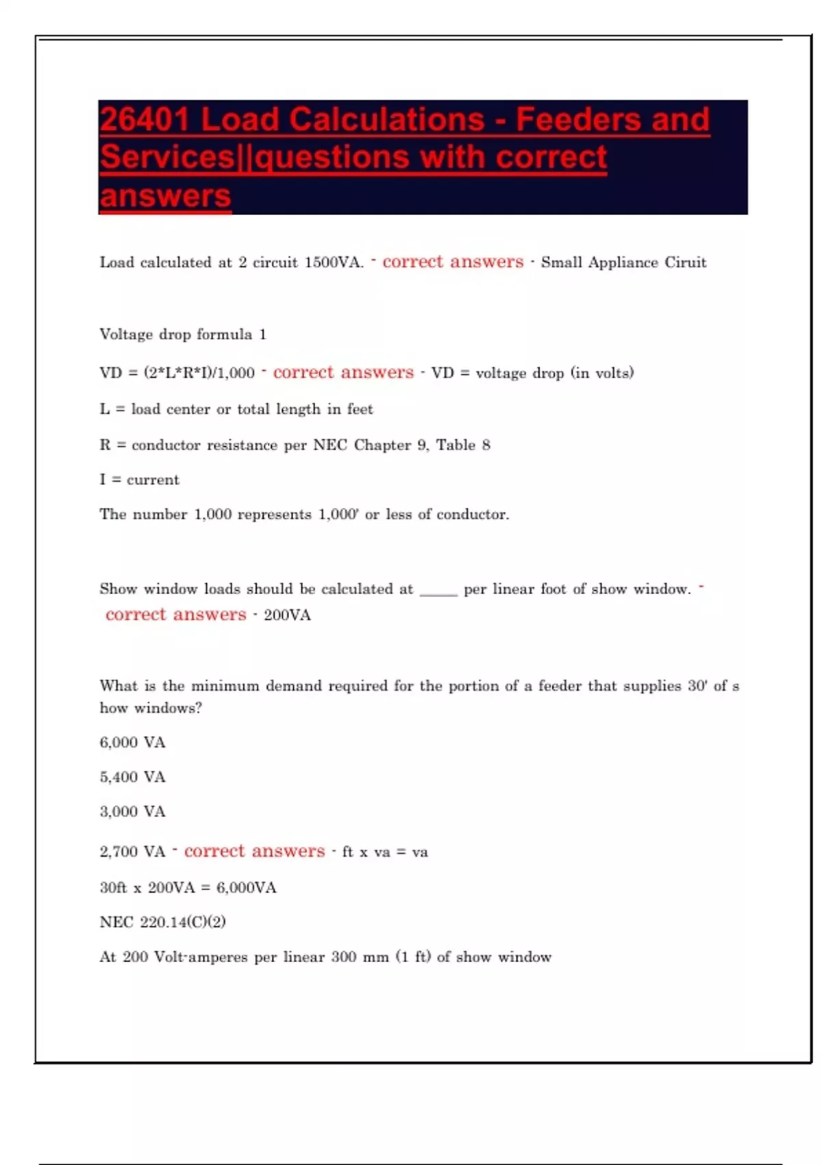 26401 Load Calculations - Feeders and Services||questions with correct ...