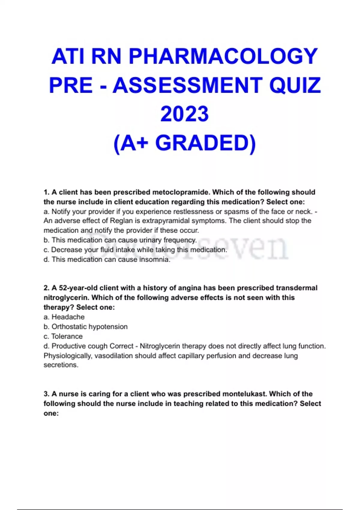 ATI RN PHARMACOLOGY PRE- ASSESSMENT QUIZ 2023 (A+ GRADED) - Nursing ...