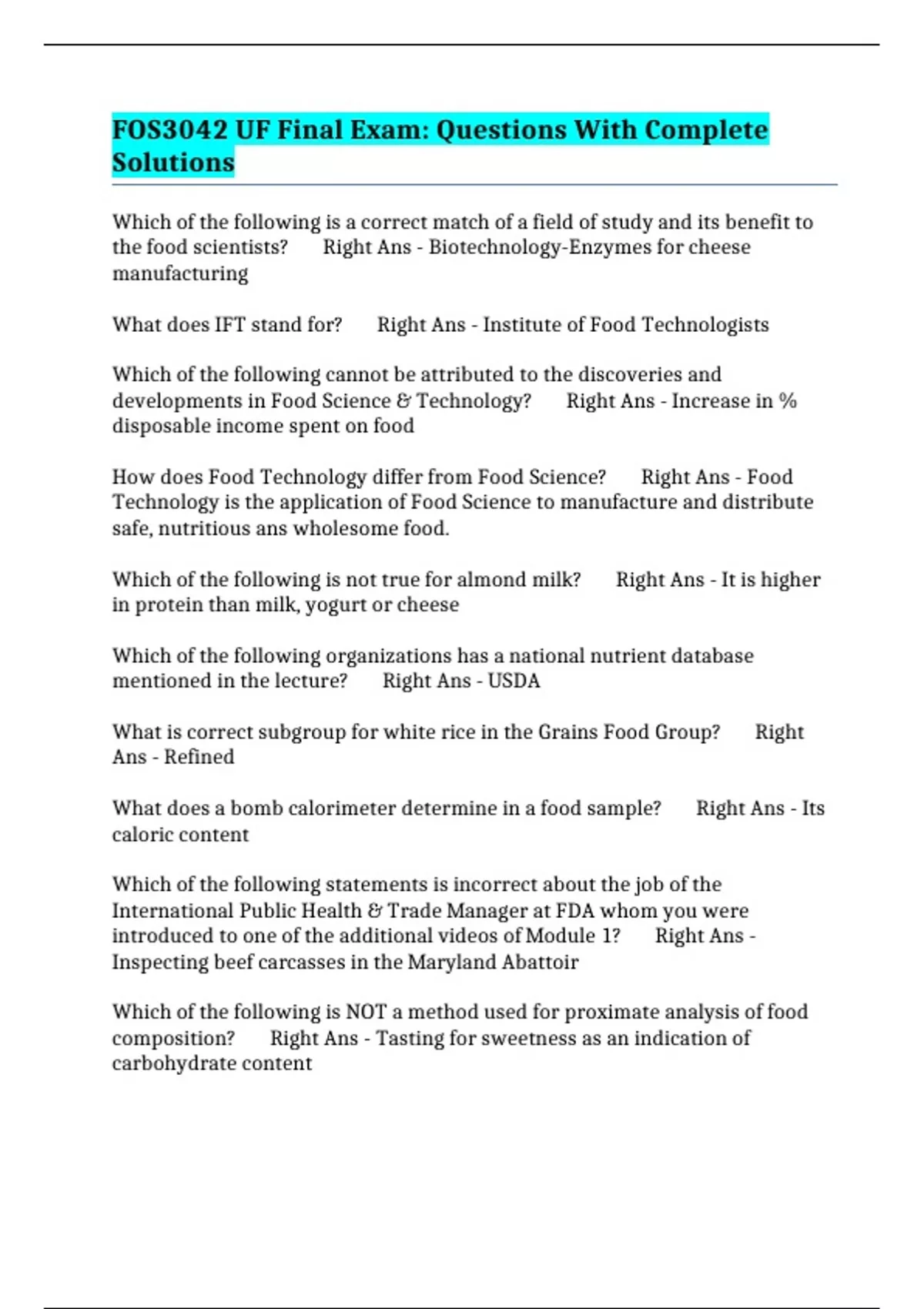 FOS3042 UF Final Exam: Questions With Complete Solutions - FOS3042 ...