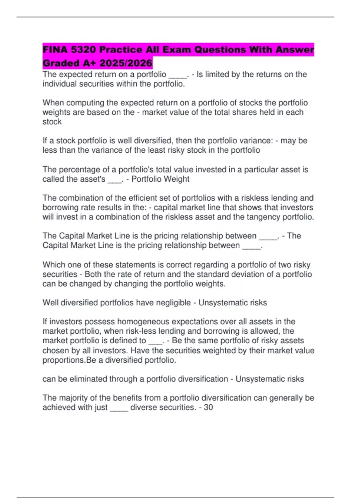 FINA 5320 Practice All Exam Questions With Answer Graded A+ 2025/2026 ...