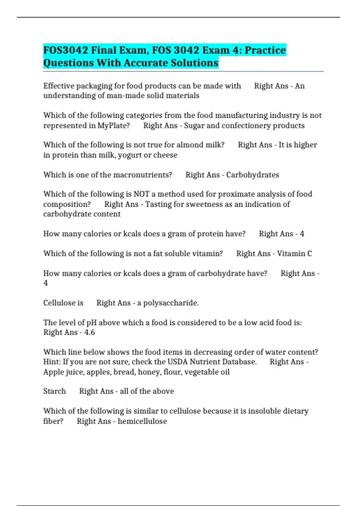 FOS3042 Final Exam, FOS 3042 Exam 4: Practice Questions With Accurate ...