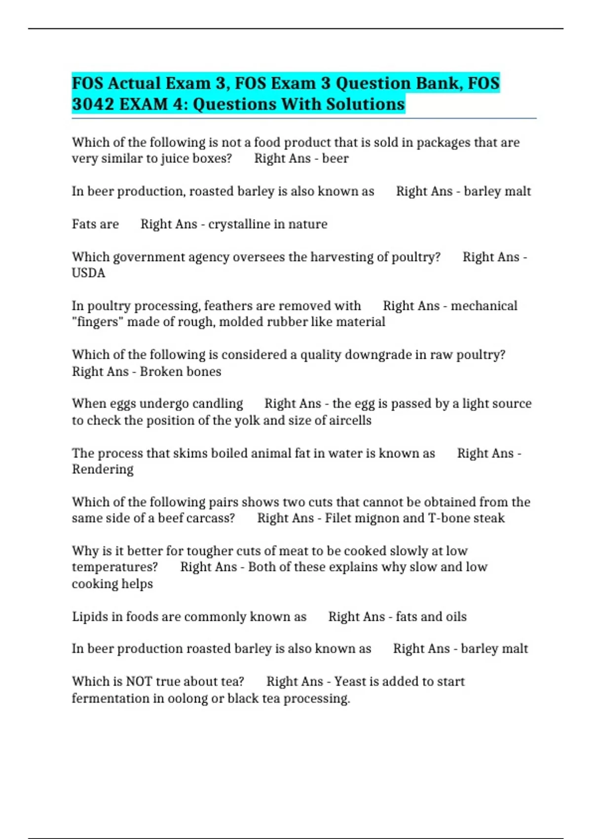 FOS Actual Exam 3, FOS Exam 3 Question Bank, FOS 3042 EXAM 4: Questions ...