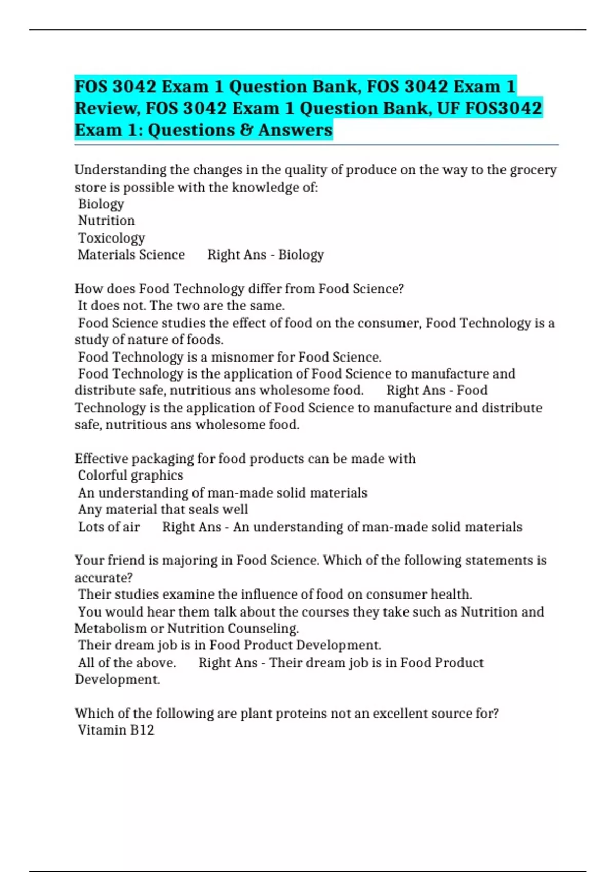 FOS 3042 Exam 1 Question Bank, FOS 3042 Exam 1 Review, FOS 3042 Exam 1 ...