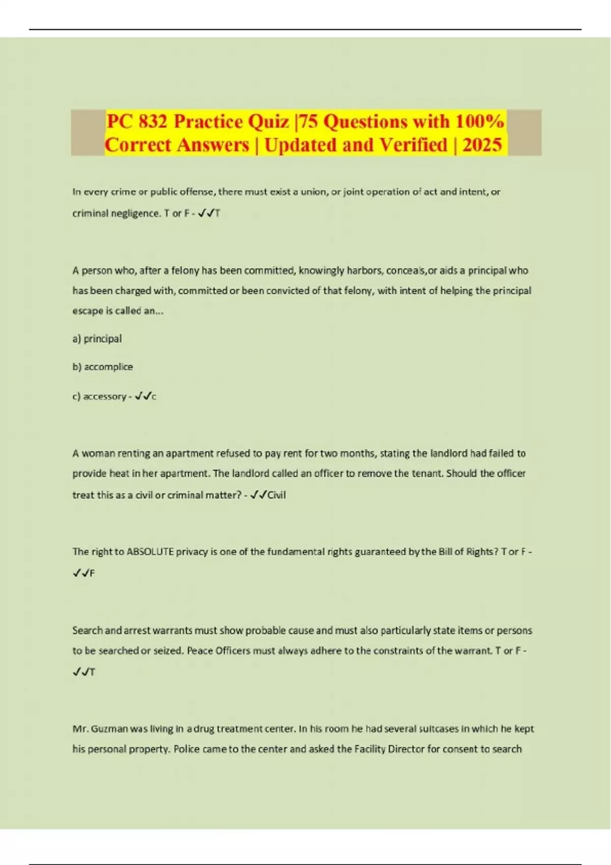 PC 832 Practice Quiz |75 Questions with 100% Correct Answers | Updated and Verified | 2025 - PC ...
