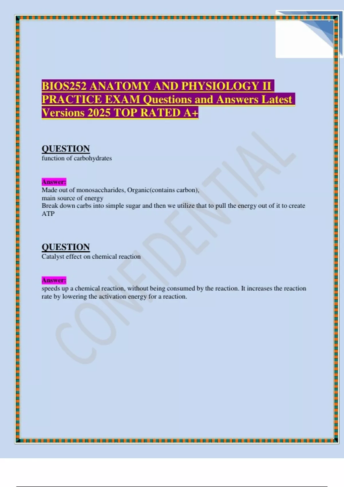 BIOS252 ANATOMY AND PHYSIOLOGY II PRACTICE EXAM Questions and Answers ...