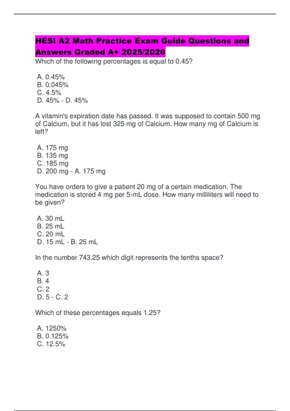 HESI A2 Math Practice Exam Guide Questions and Answers Graded A+ 2025/ ...