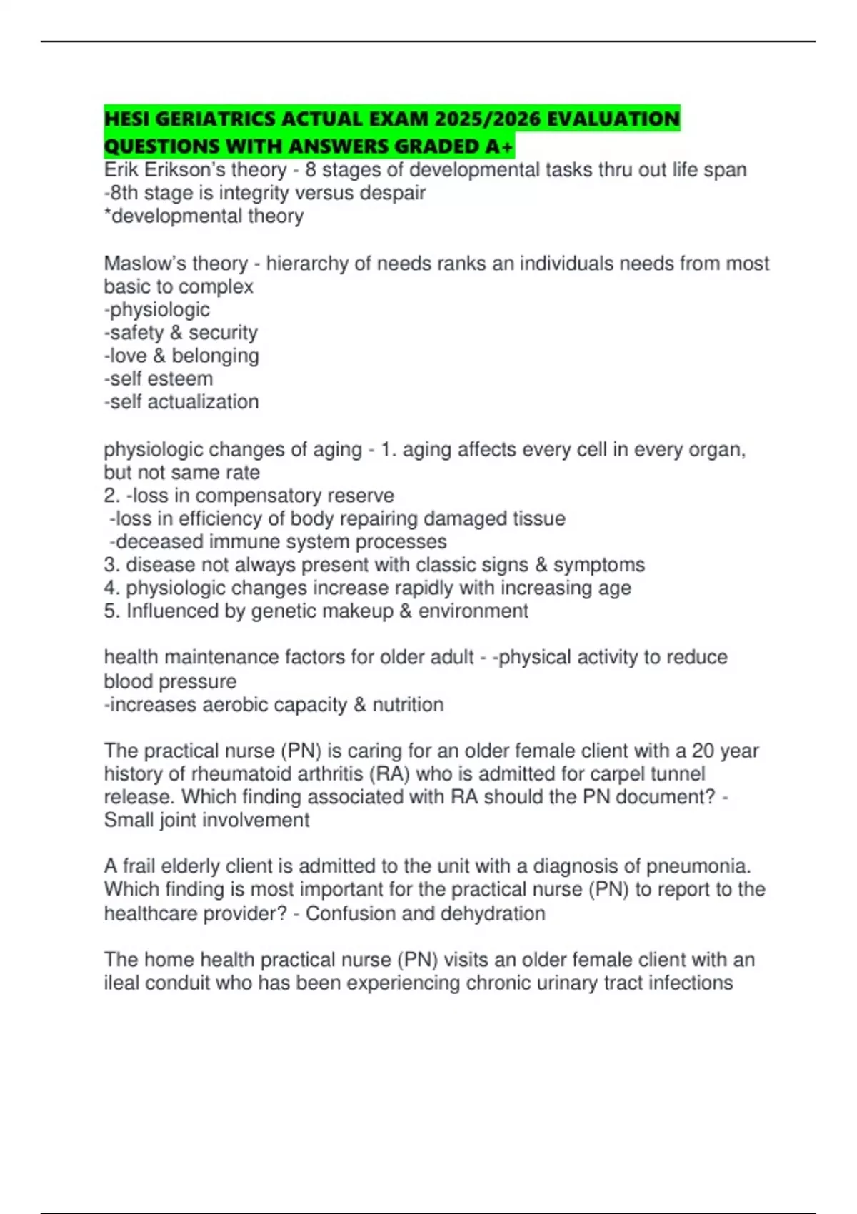 HESI GERIATRICS ACTUAL EXAM 2025/2026 EVALUATION QUESTIONS WITH ANSWERS ...
