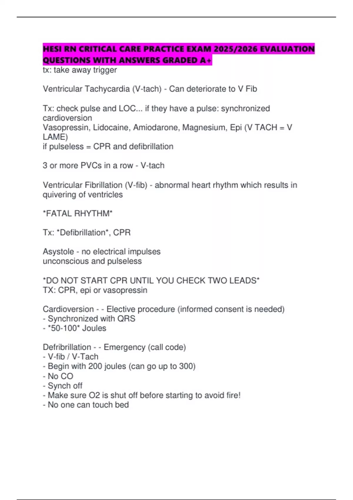 HESI RN CRITICAL CARE PRACTICE EXAM 2025/2026 EVALUATION QUESTIONS WITH ...