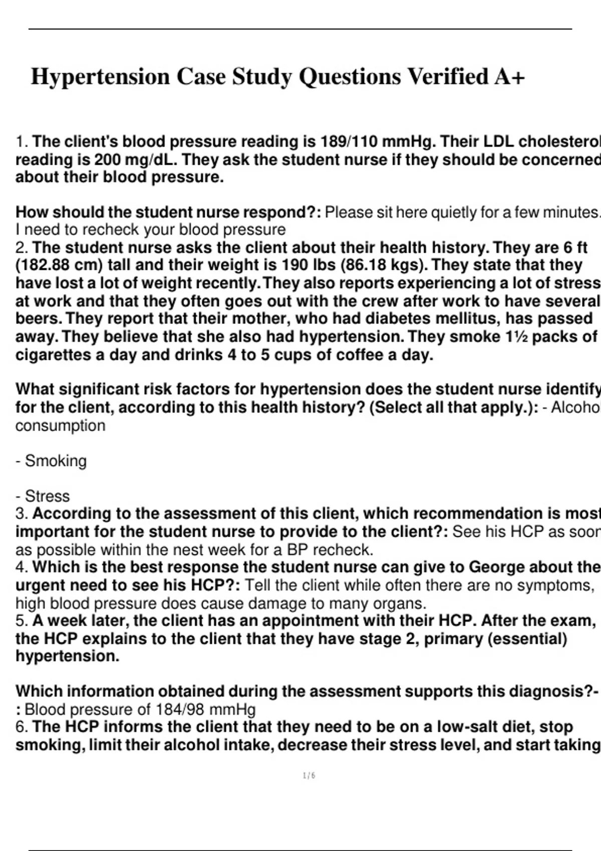 Hypertension Case Study Questions Verified A+ - Hypertension Case Study ...