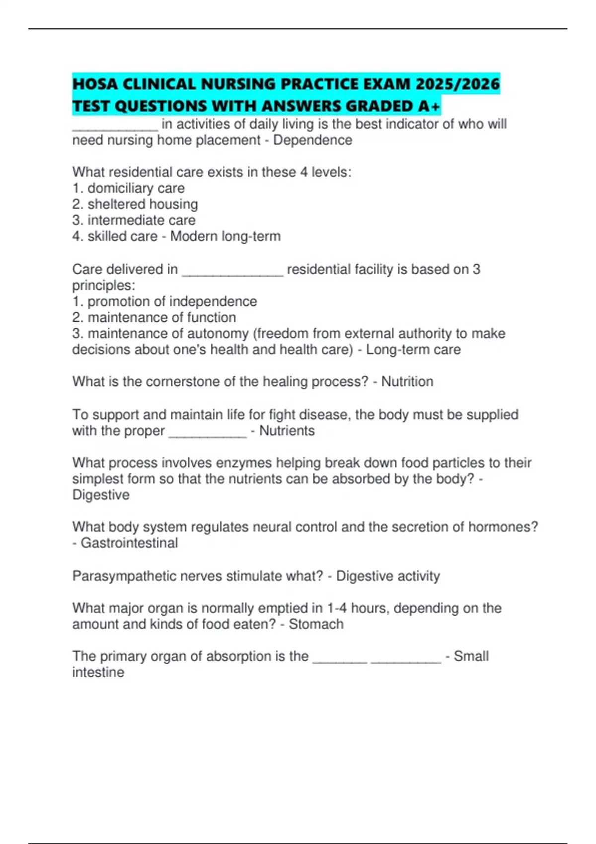 HOSA CLINICAL NURSING PRACTICE EXAM 2025/2026 TEST QUESTIONS WITH ...