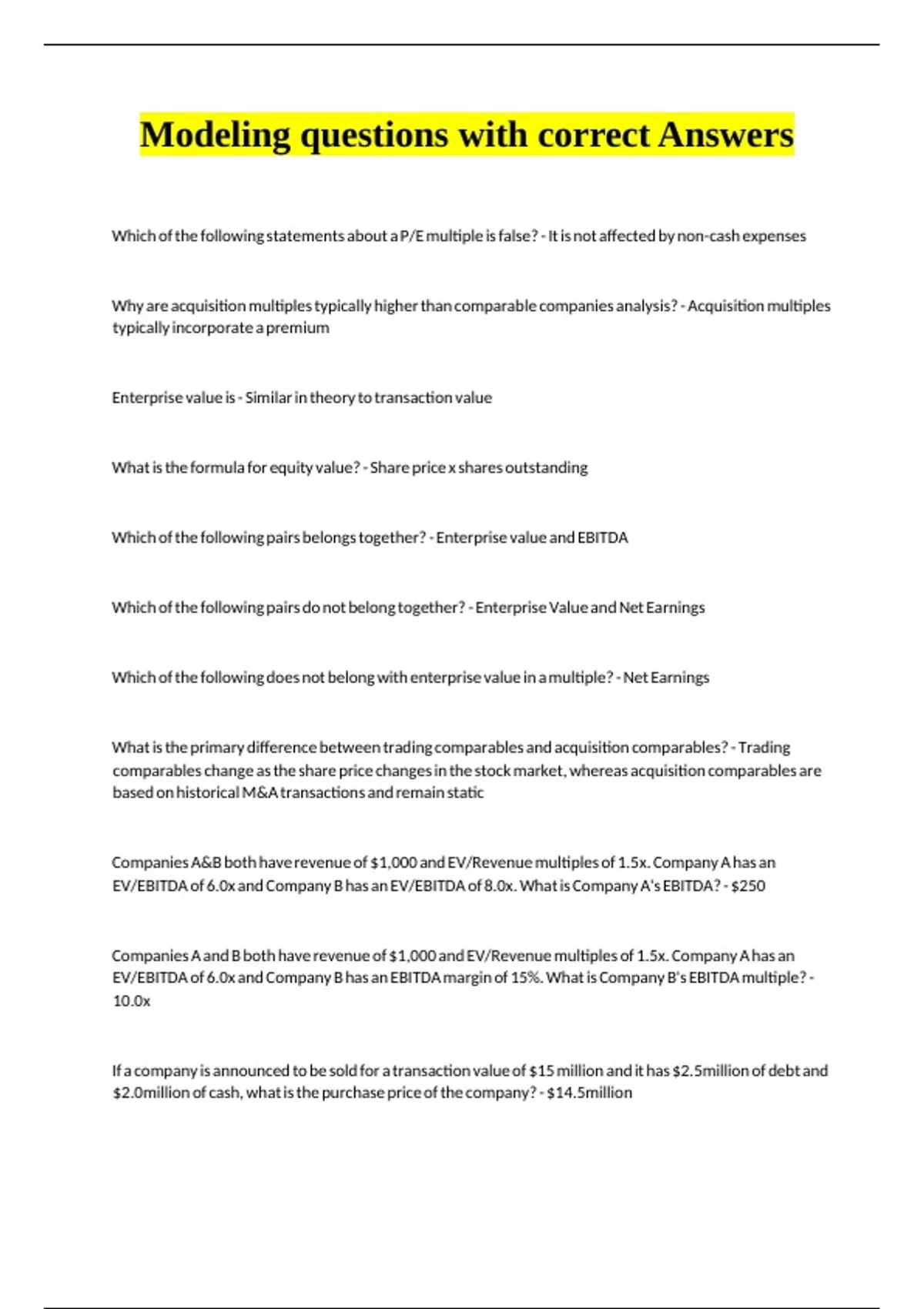 Modeling questions with correct Answers - Modeling - Stuvia US