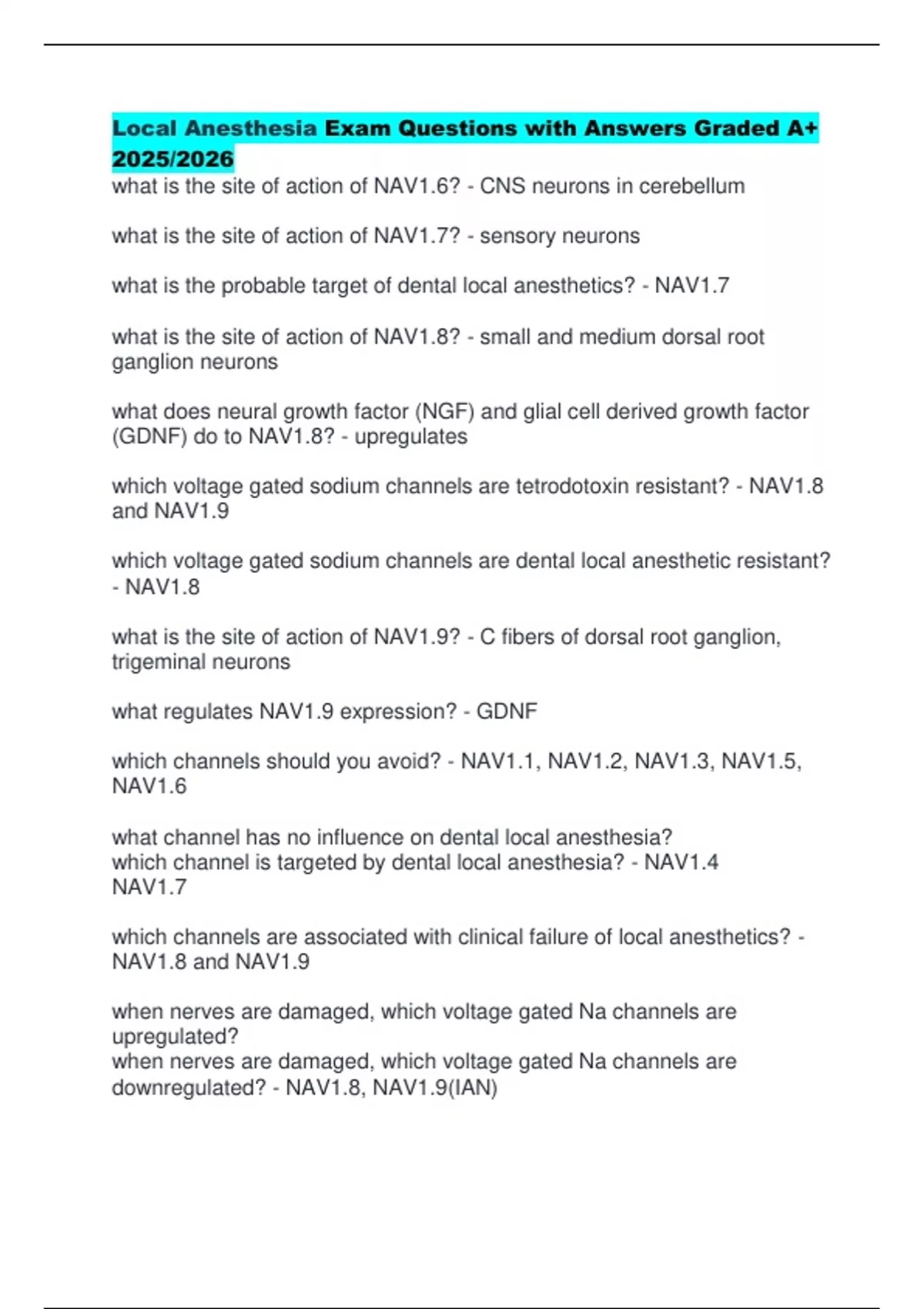 Local Anesthesia Exam Questions with Answers Graded A+ 2025/2026 ...