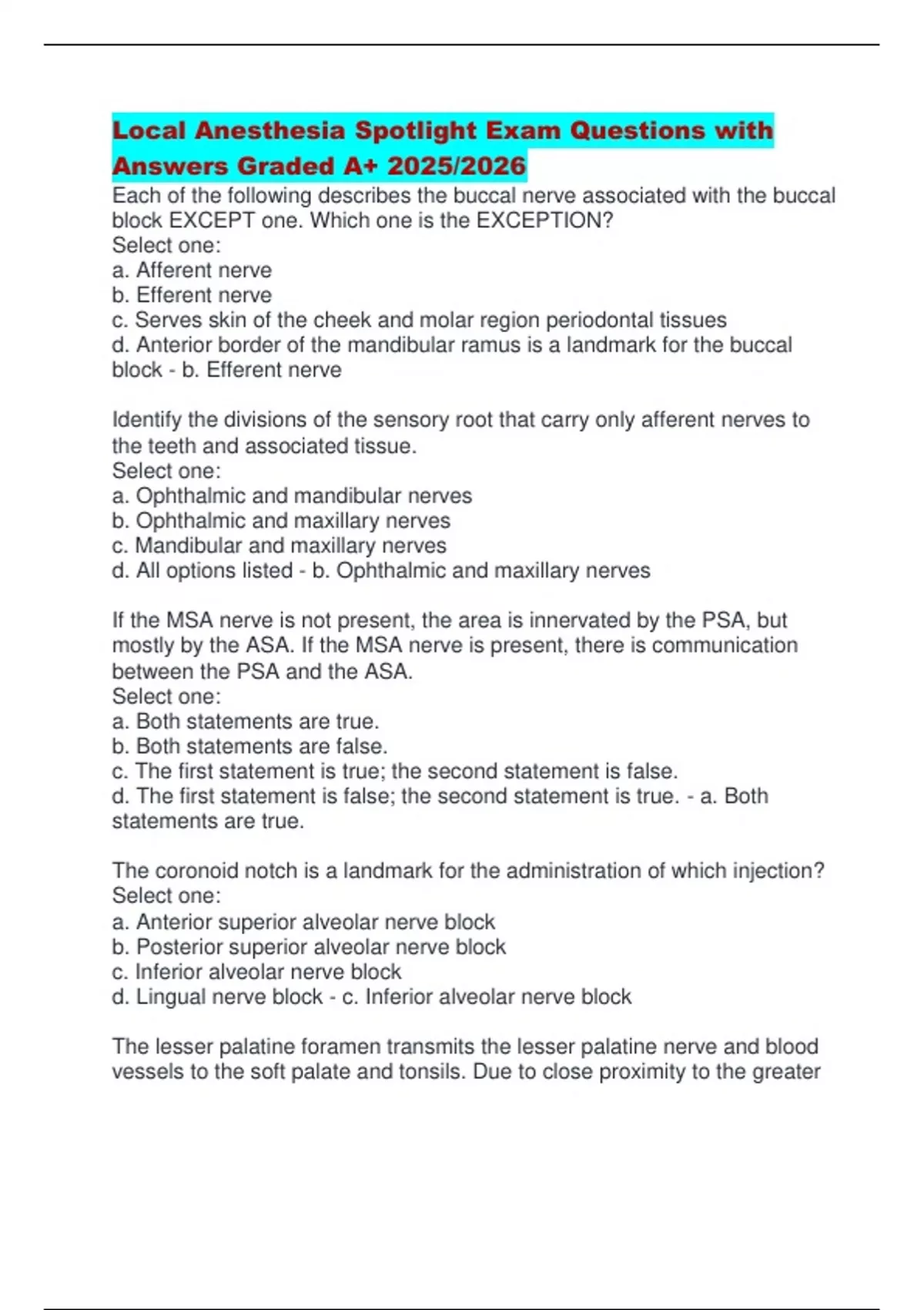 Local Anesthesia Spotlight Exam Questions with Answers Graded A+ 2025/ ...