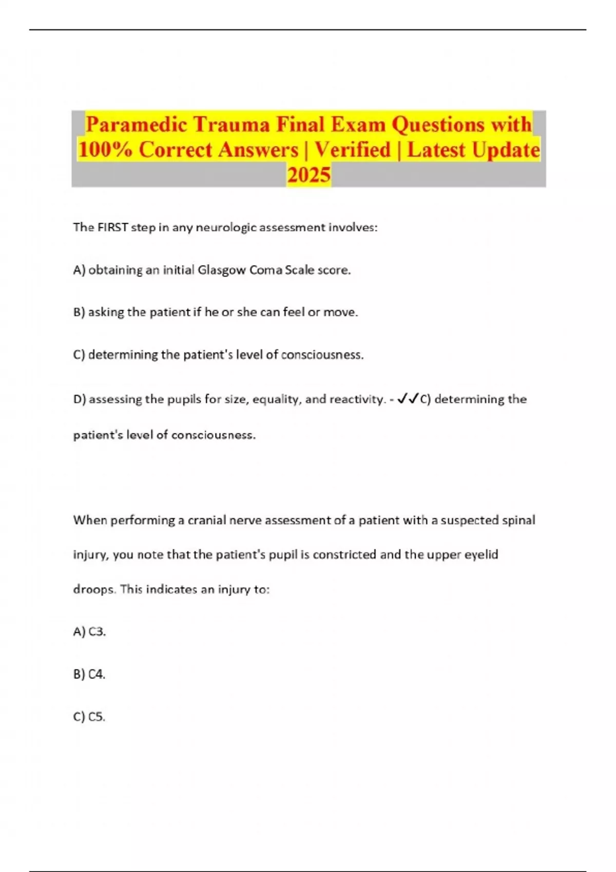 Paramedic Trauma Final Exam Questions with 100% Correct Answers ...