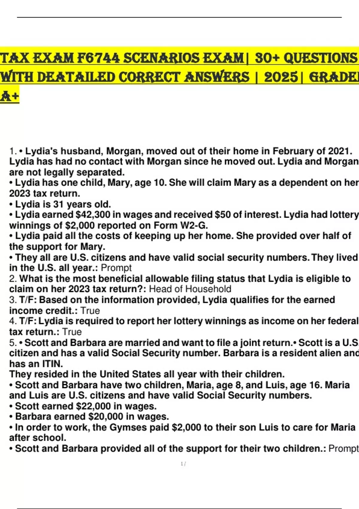 TAX EXAM F6744 SCENARIOS EXAM| 30+ QUESTIONS WITH DEATAILED CORRECT ANSWERS | 2025| GRADED A+ ...