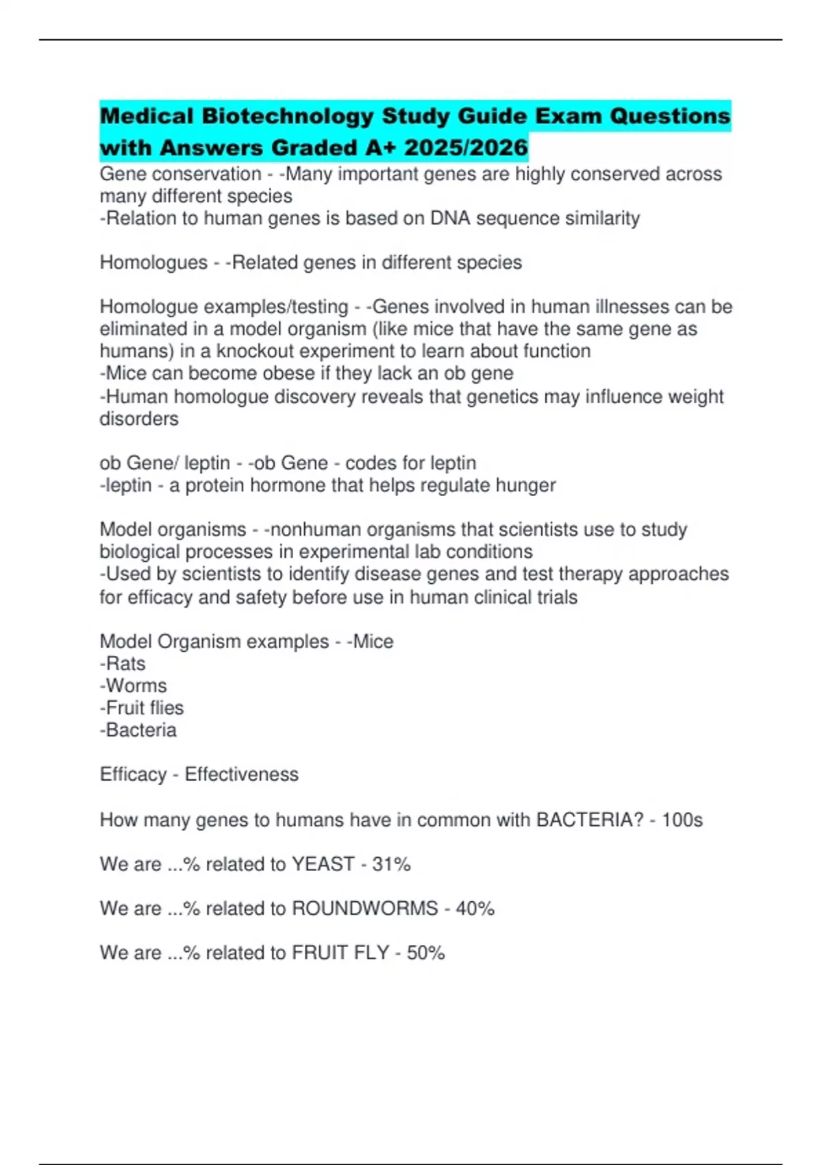 Medical Biotechnology Study Guide Exam Questions with Answers Graded A+ ...