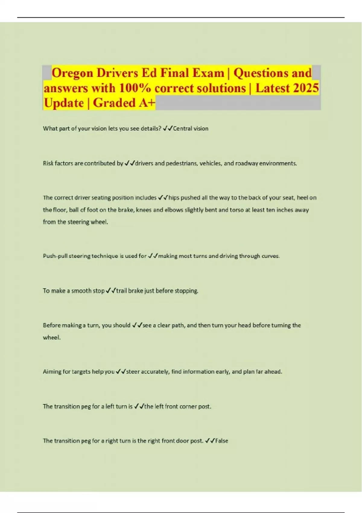 Oregon Drivers Ed Final Exam | Questions and answers with 100% correct ...