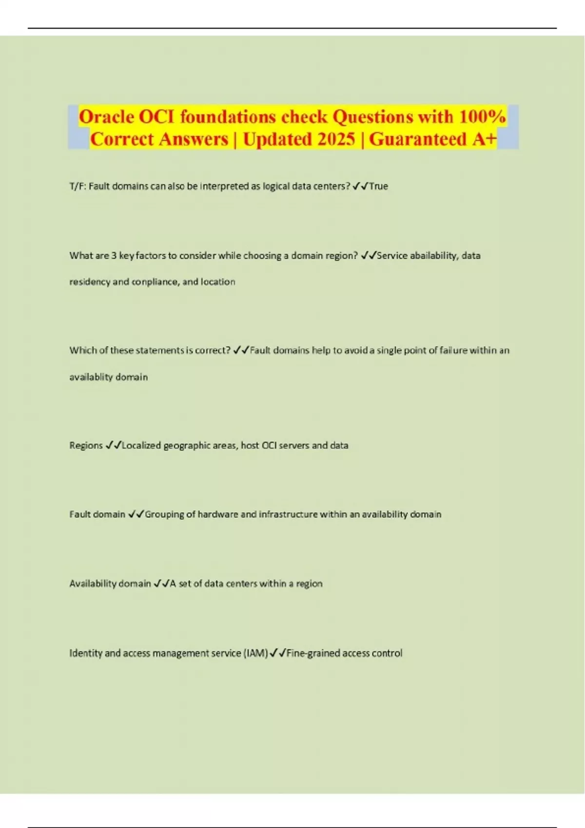 Oracle Oci Foundations Check Questions With 100 Correct Answers Updated 2025 Guaranteed A