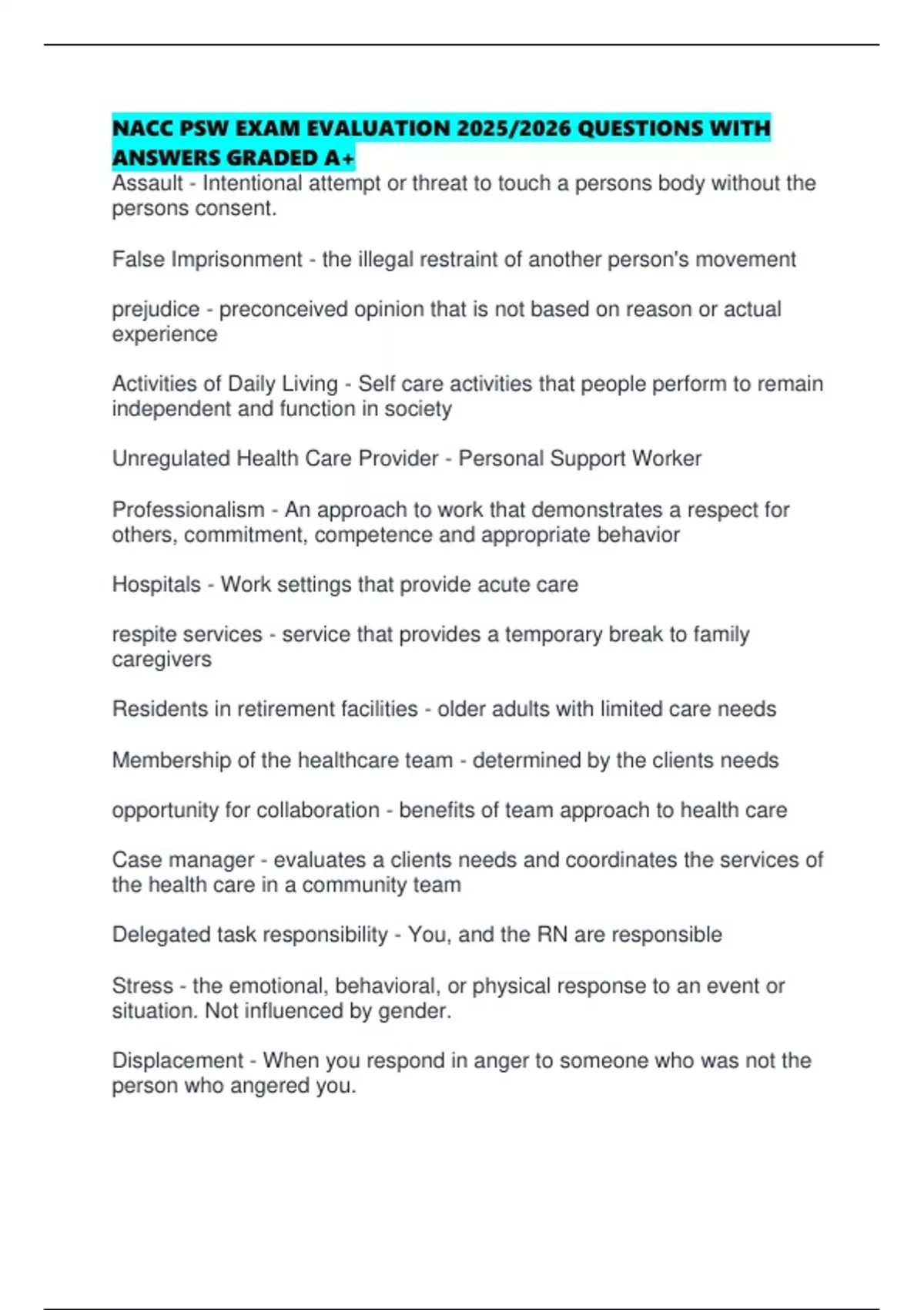 NACC PSW EXAM EVALUATION 2025/2026 QUESTIONS WITH ANSWERS GRADED A+ ...