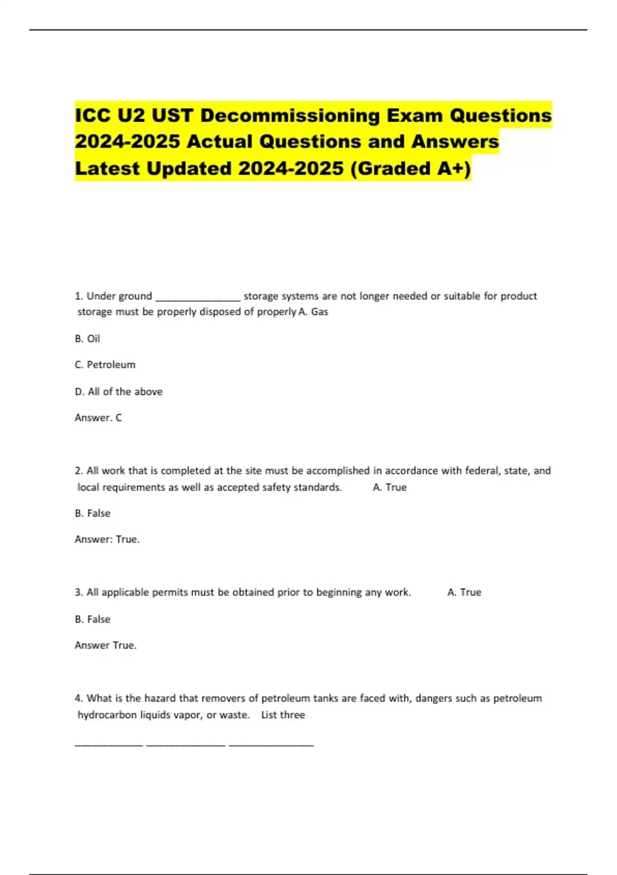 ICC U2 UST Decommissioning Exam Questions Actual Questions and Answers ...