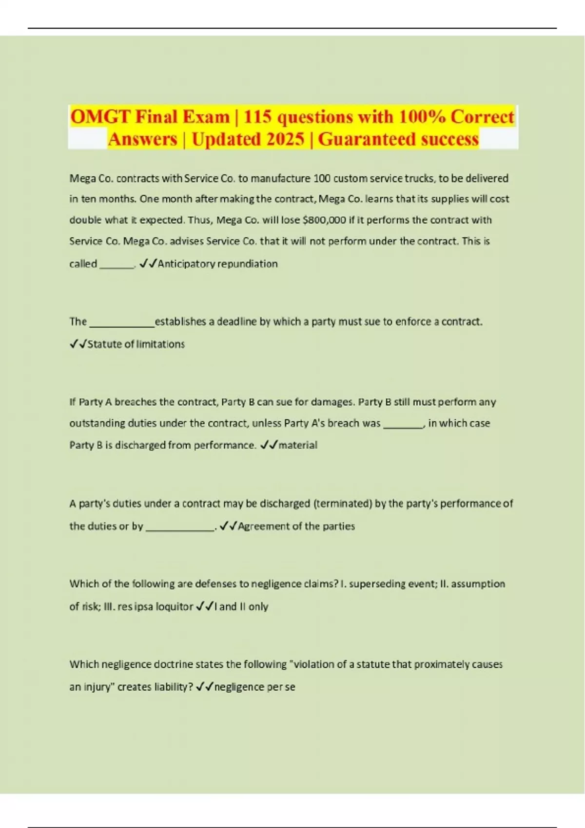 OMGT Final Exam | 115 questions with 100% Correct Answers | Updated 2025 | Guaranteed success ...