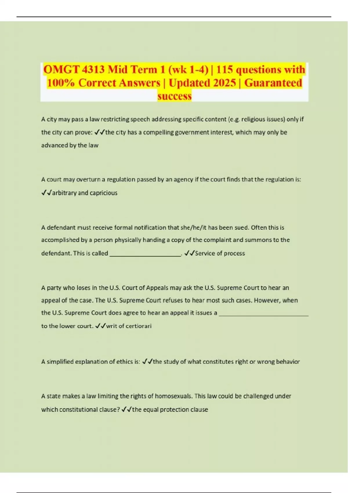 OMGT 4313 Mid Term 1 (wk 1-4) | 115 questions with 100% Correct Answers | Updated 2025 ...
