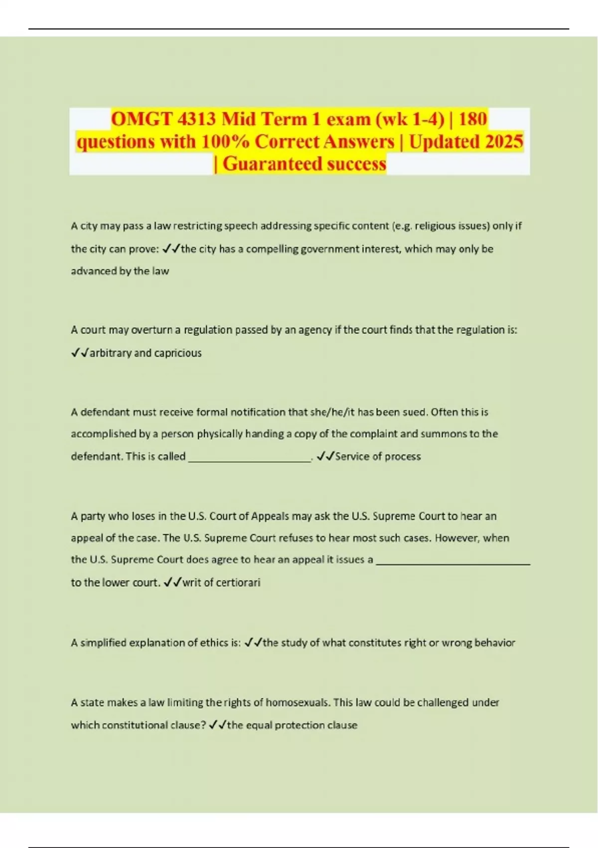 OMGT 4313 Mid Term 1 exam (wk 1-4) | 180 questions with 100% Correct Answers | Updated 2025 ...