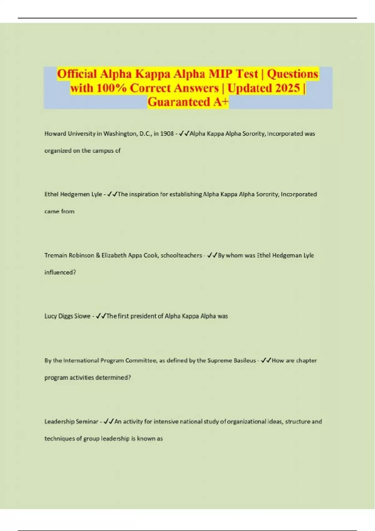 Official Alpha Kappa Alpha MIP Test | Questions with 100% Correct ...