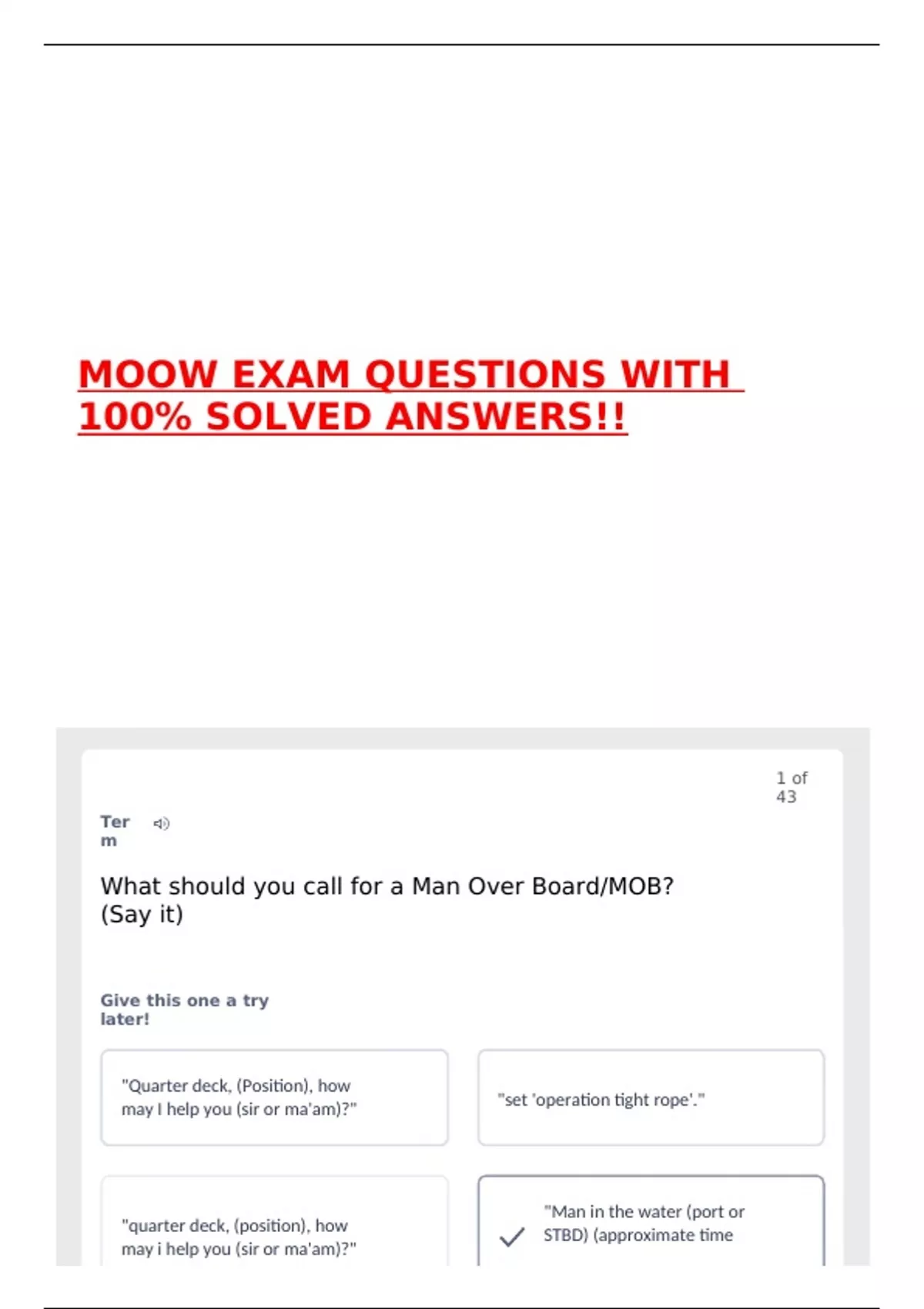 MOOW EXAM QUESTIONS WITH 100% SOLVED ANSWERS!! - MOOW - Stuvia US