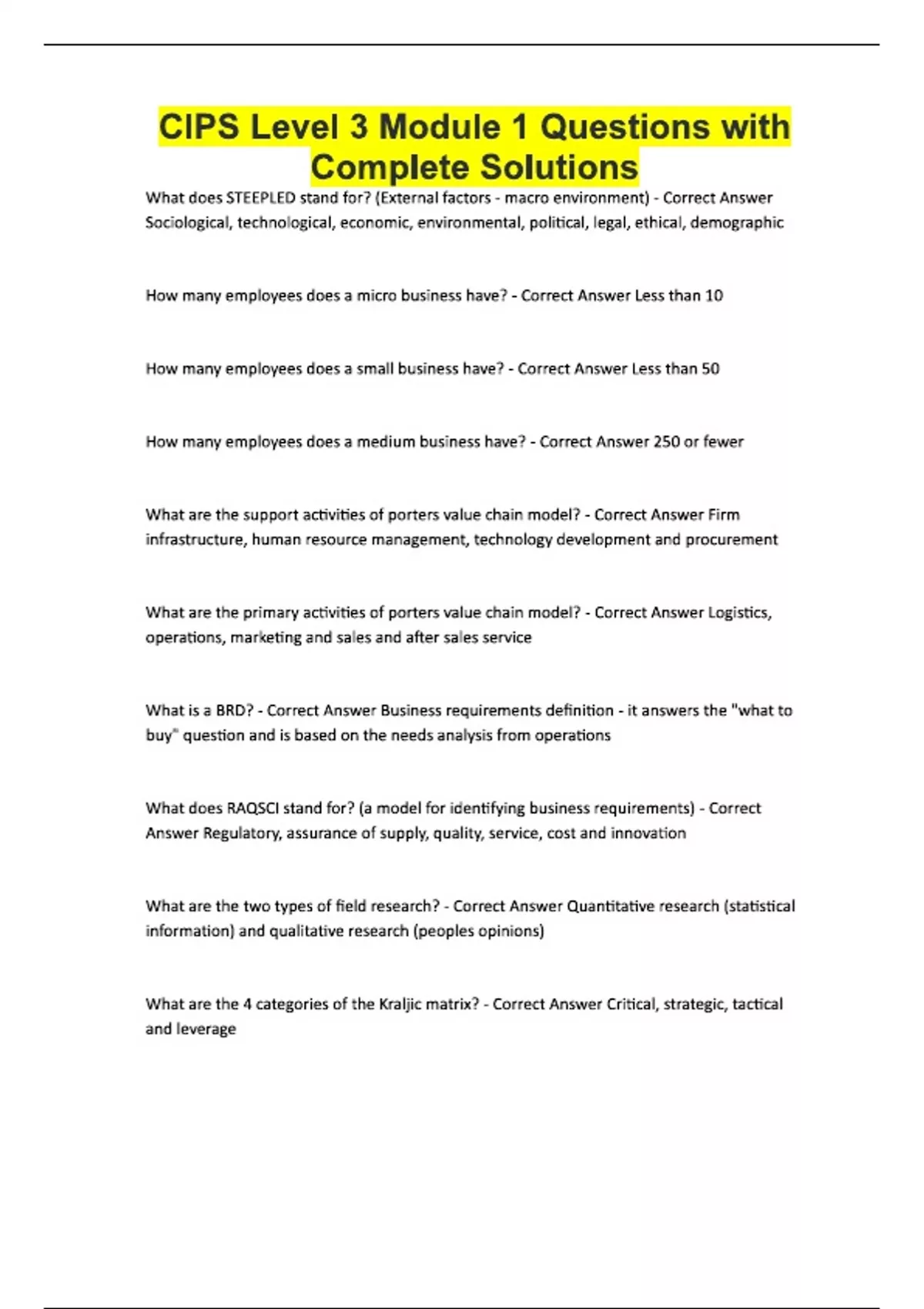 CIPS Level 3 Module 1 Questions with Complete Solutions - CIPS - Stuvia US