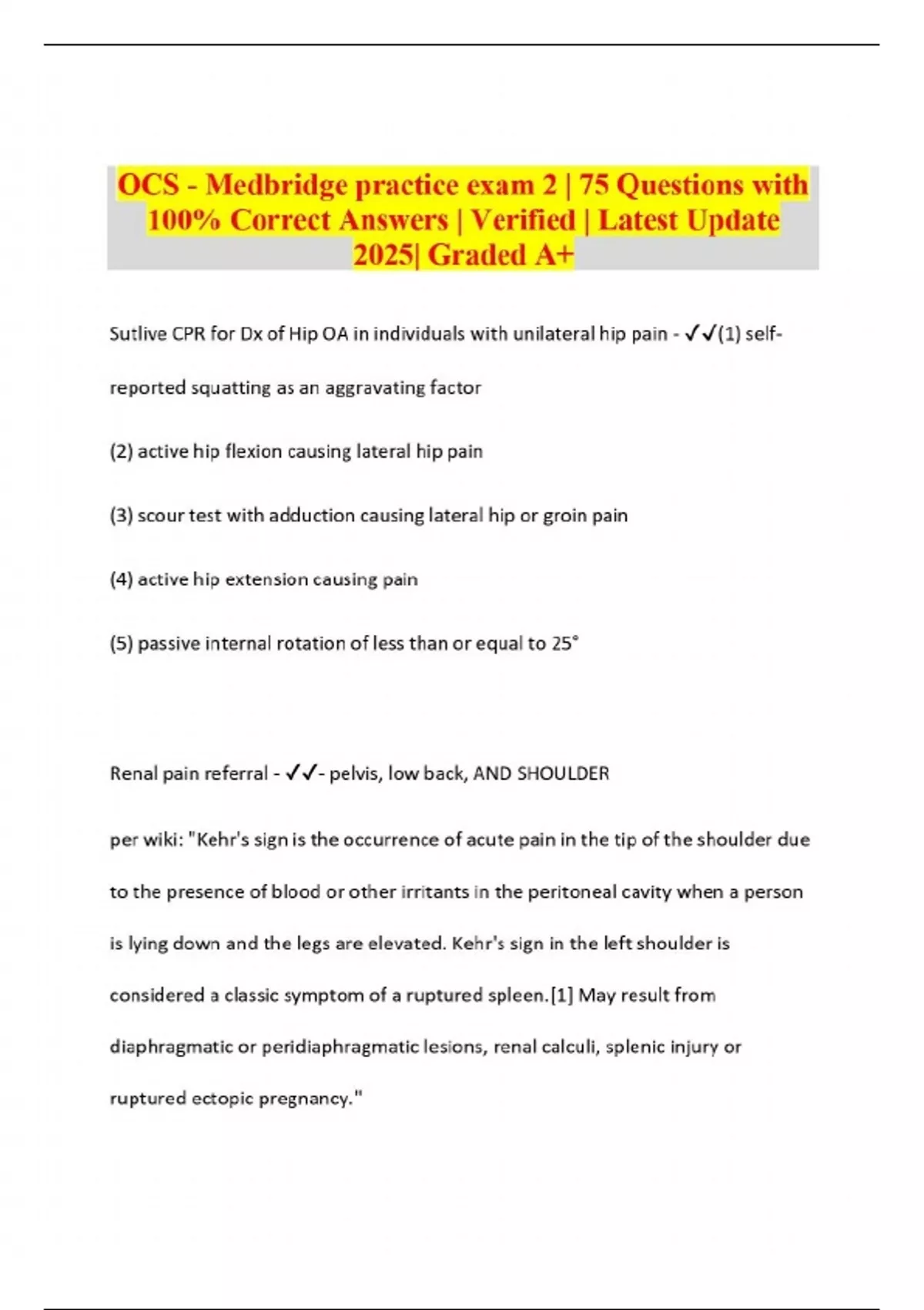 Ocs Medbridge Practice Exam 2 75 Questions With 100 Correct