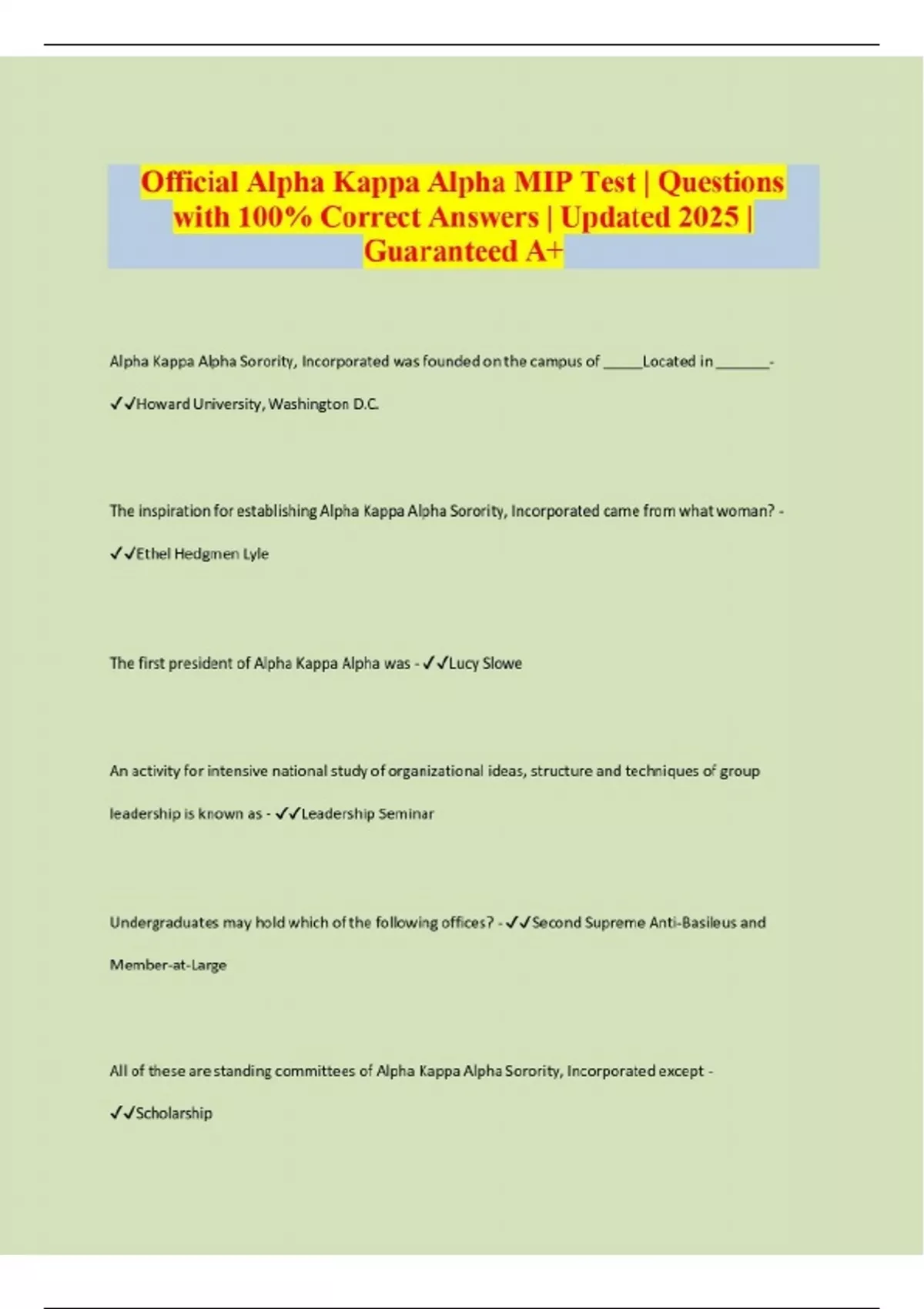 Official Alpha Kappa Alpha MIP Test | Questions with 100% Correct ...