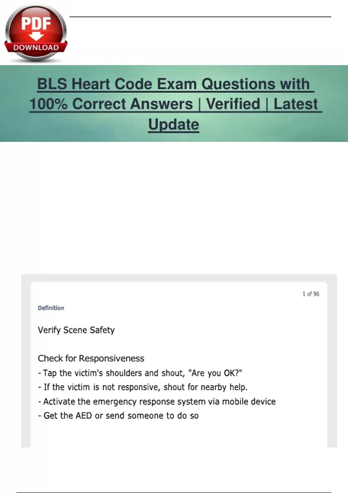 BLS Heart Code Exam Questions with 100% Correct Answers | Verified ...