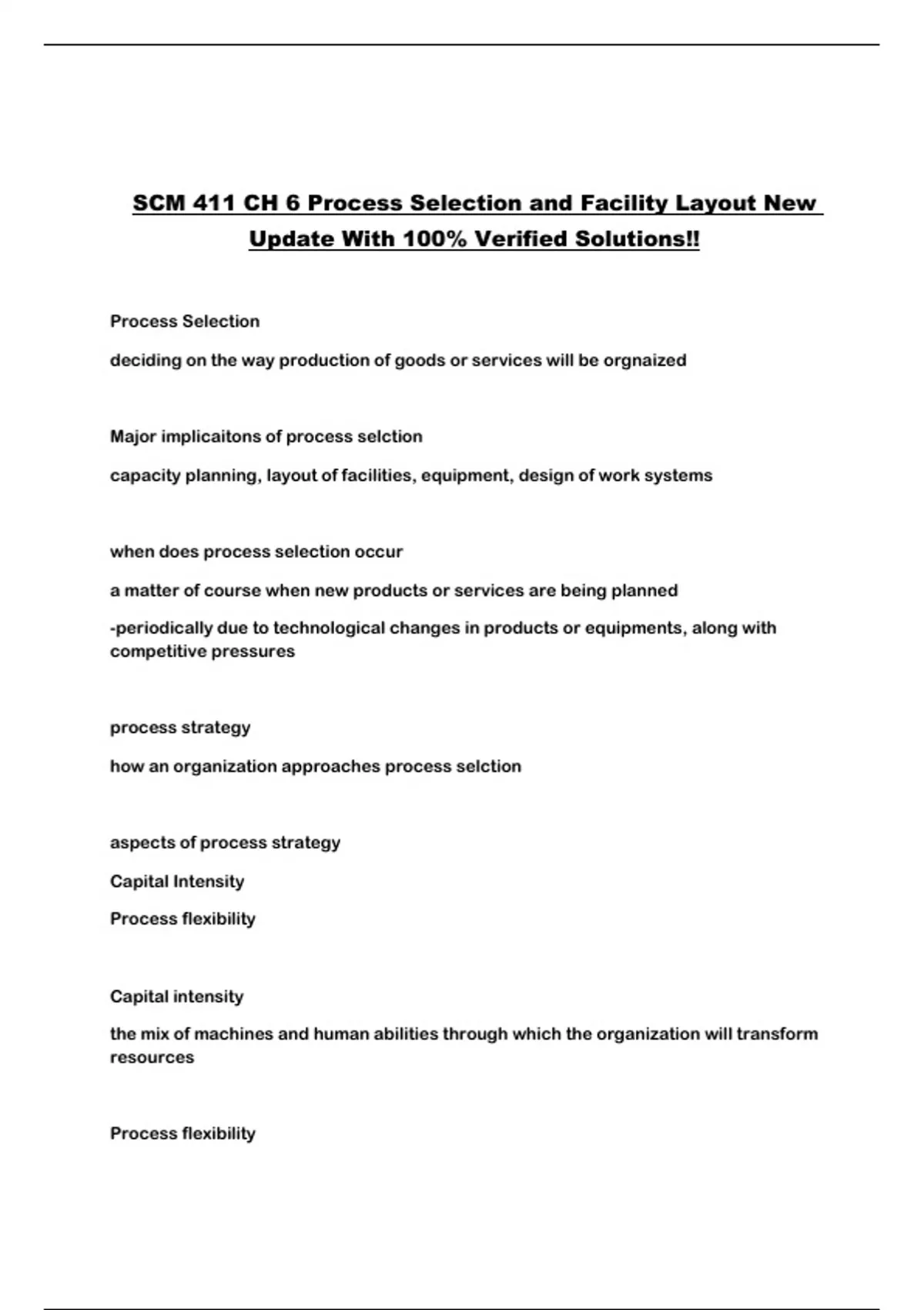 SCM 411 CH 6 Process Selection and Facility Layout New Update With 100% Verified Solutions ...