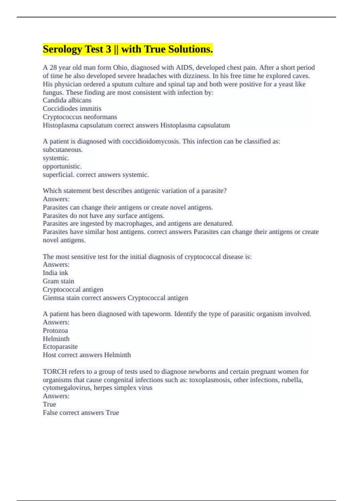 Serology Test 3 || with True Solutions. - Serology - Stuvia US