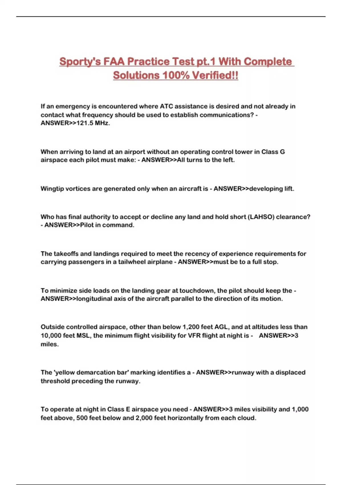 Sporty's FAA Practice Test pt.1 With Complete Solutions 100% Verified ...