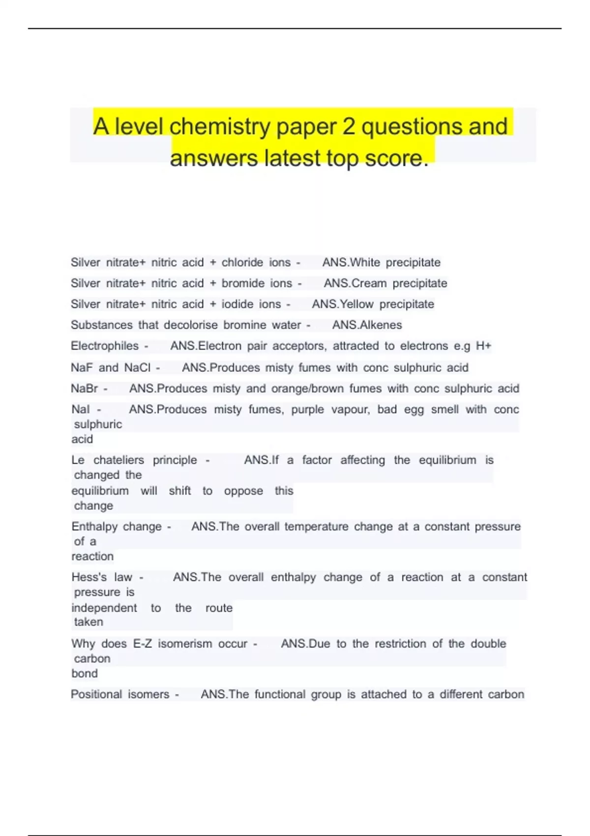 A level chemistry paper 2 questions and answers latest top score - A ...