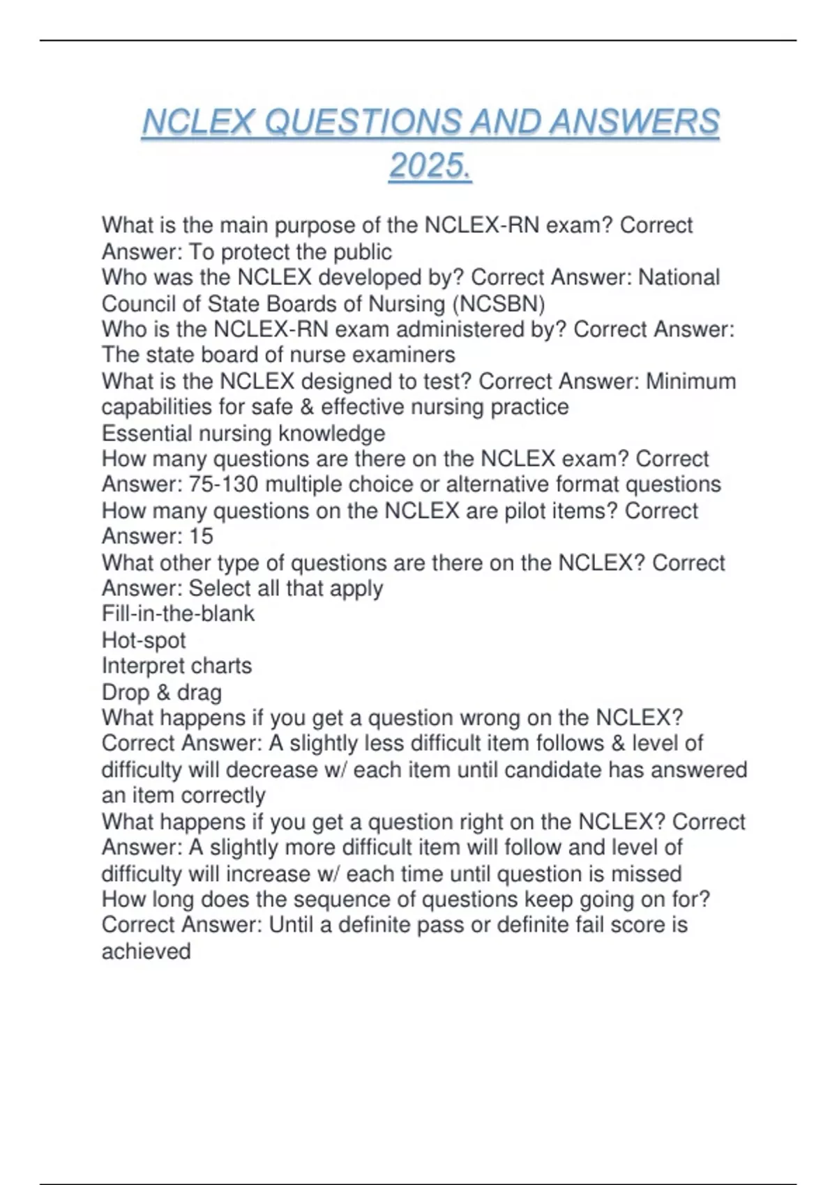 NCLEX QUESTIONS AND ANSWERS 2025. - RNNCLEX - Stuvia US