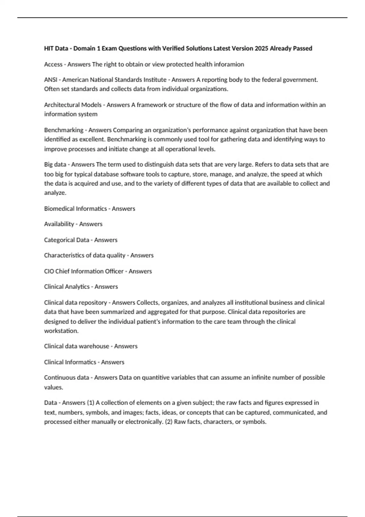 HIT Data - Domain 1 Exam Questions with Verified Solutions Latest ...